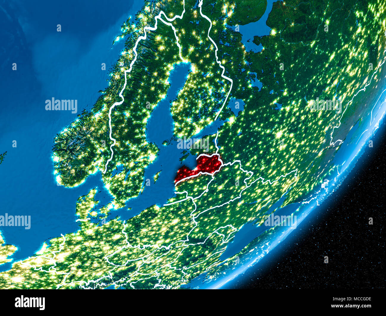 Latvia in red on planet Earth at night with visible borderlines and ...