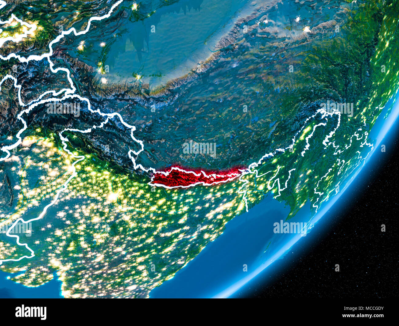 Nepal in red on planet Earth at night with visible borderlines and city ...