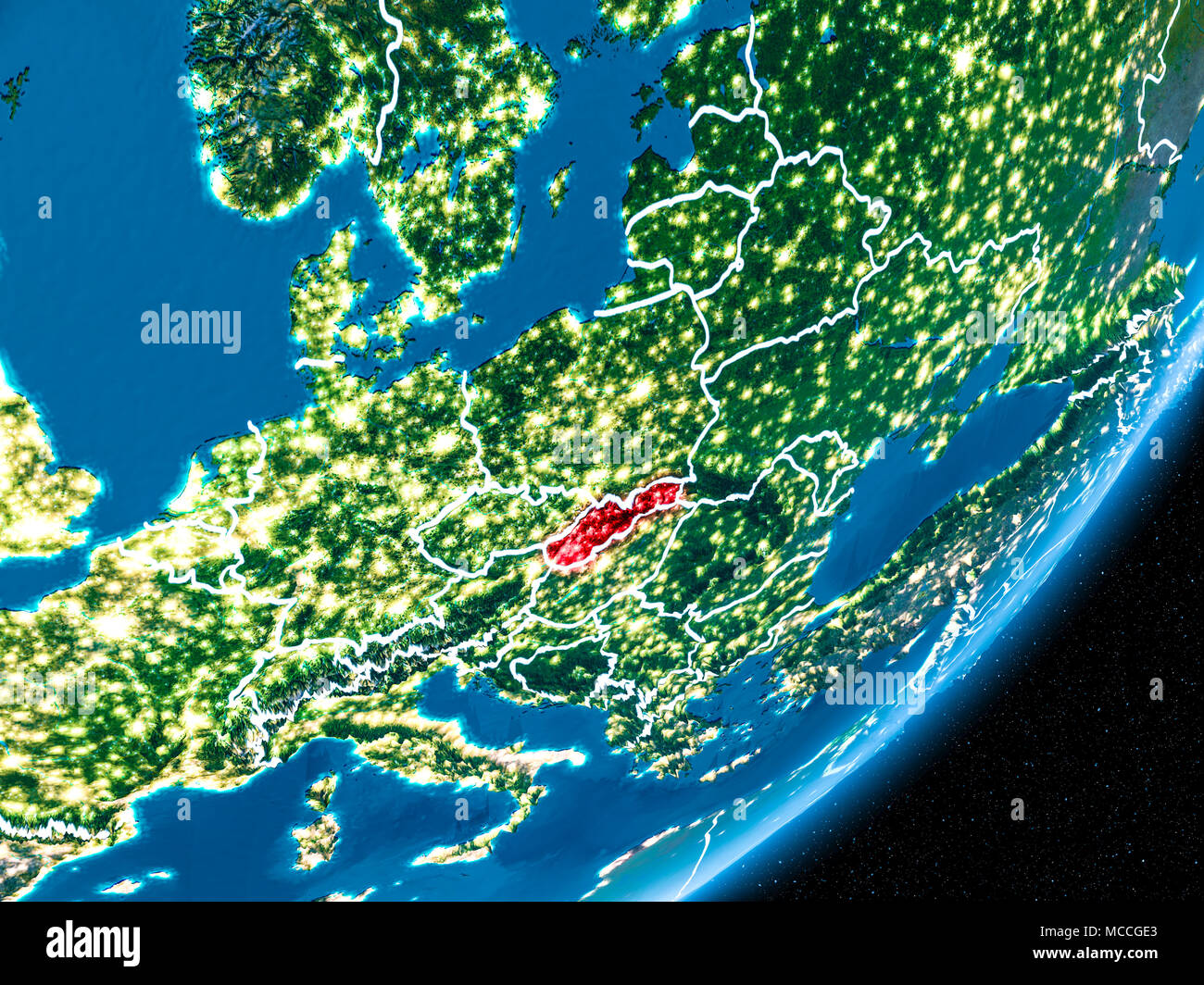 Slovakia in red on planet Earth at night with visible borderlines and ...