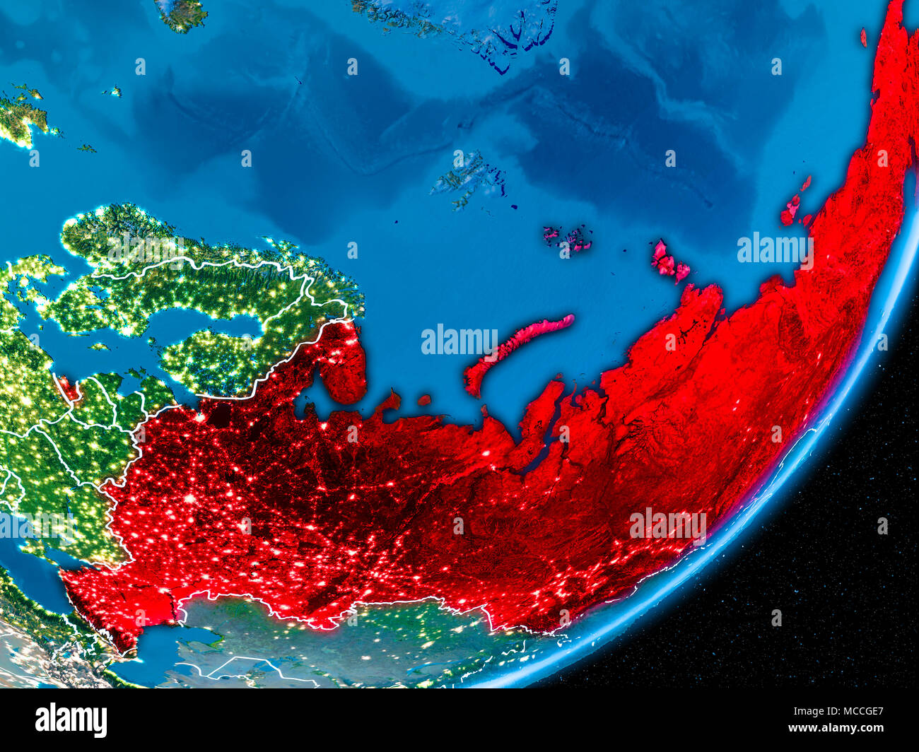 Russia in red on planet Earth at night with visible borderlines and ...
