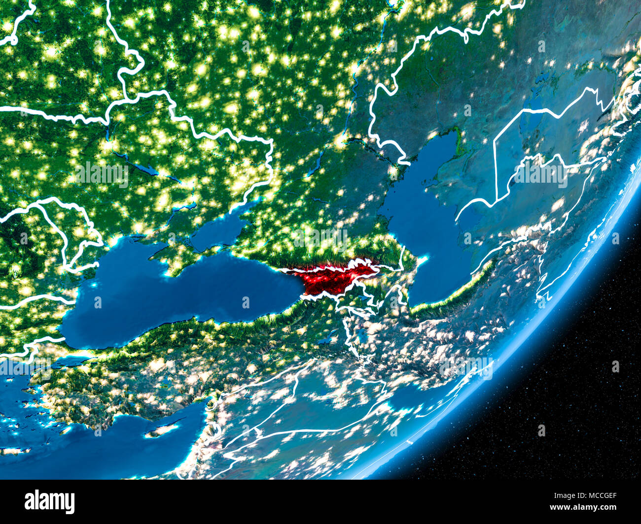 Georgia in red on planet Earth at night with visible borderlines and ...