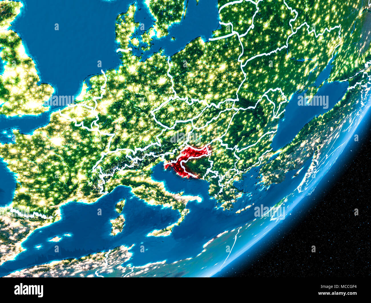 Croatia in red on planet Earth at night with visible borderlines and ...