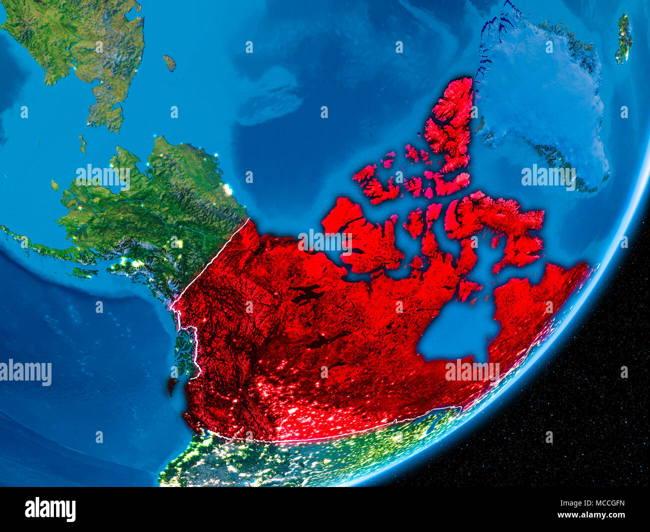 Canada in red on planet Earth at night with visible borderlines and ...