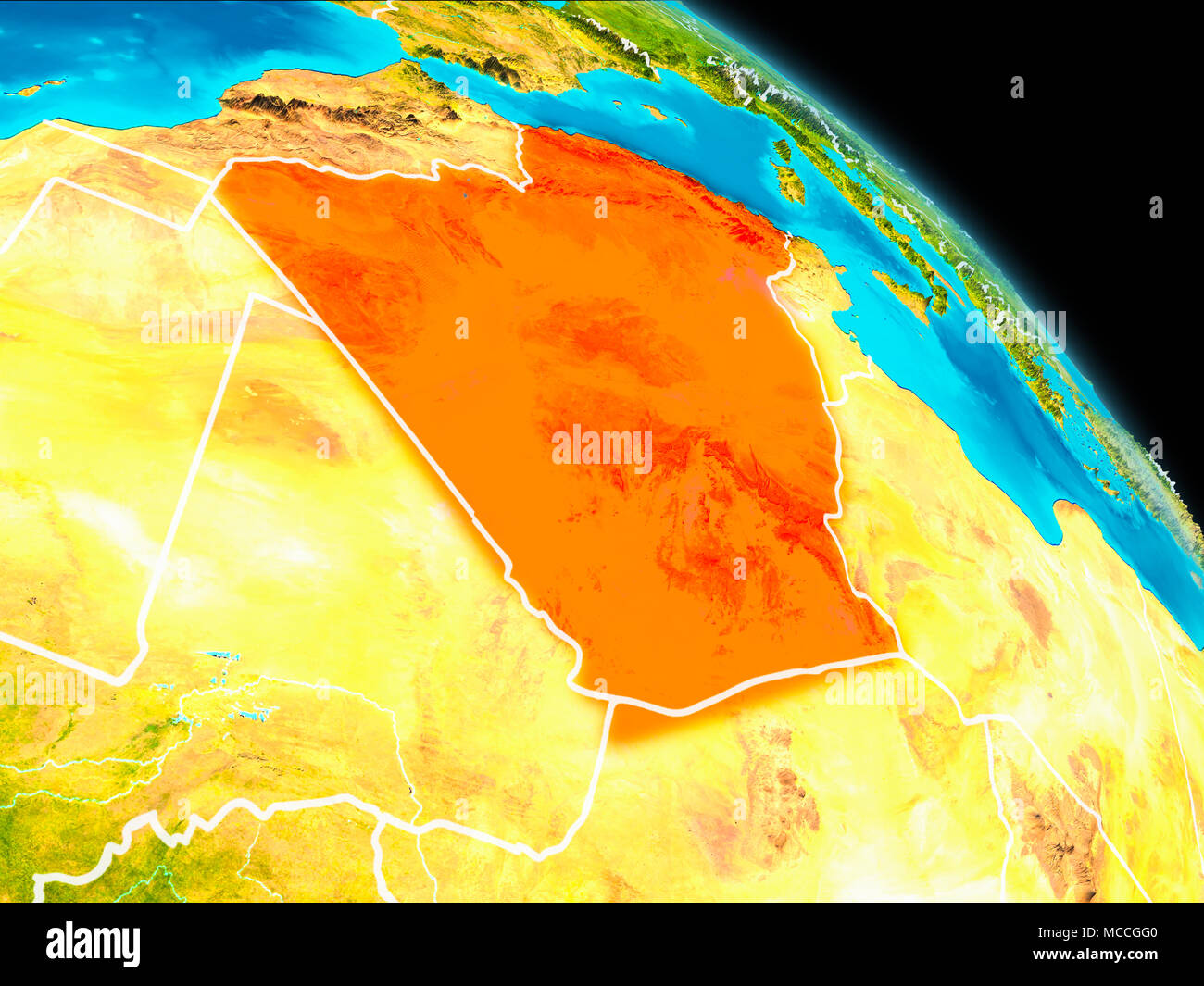 Space orbit view of Algeria highlighted in red on planet Earth with visible borders. 3D ...