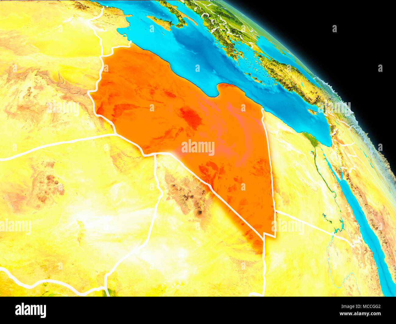 Space orbit view of Libya highlighted in red on planet Earth with visible borders. 3D ...