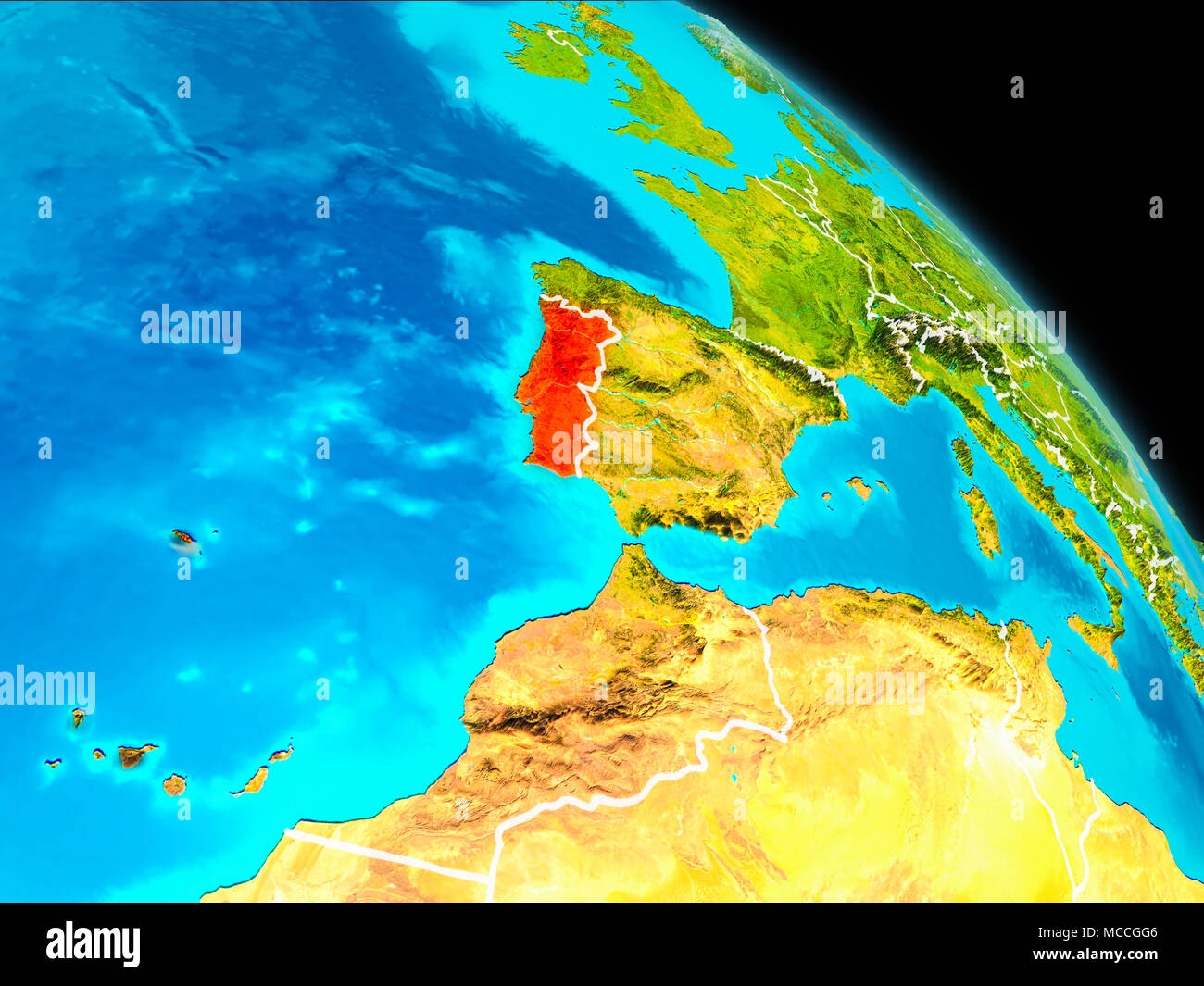 Space orbit view of Portugal highlighted in red on planet Earth with ...