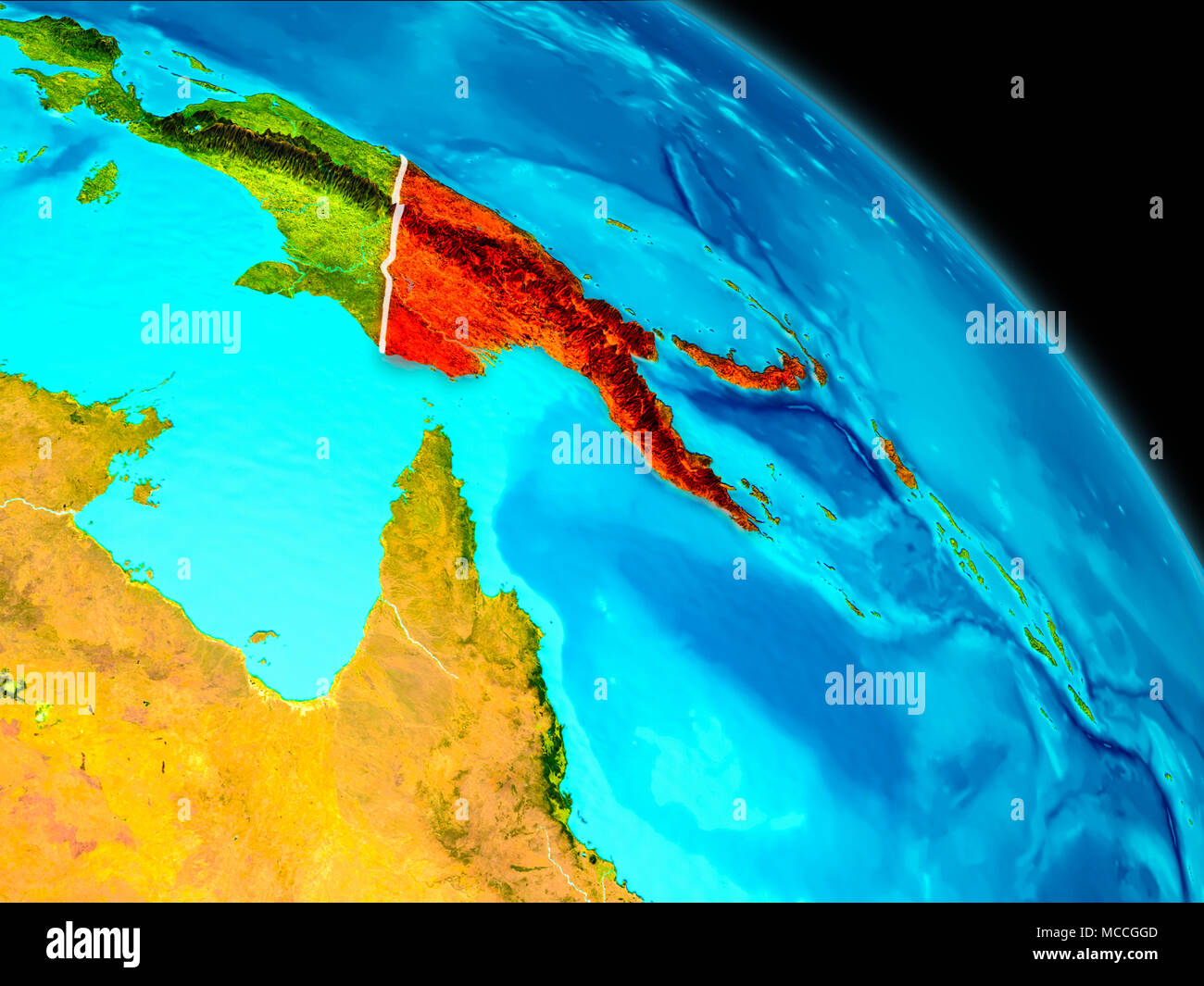 Space orbit view of Papua New Guinea highlighted in red on planet Earth with visible borders. 3D ...