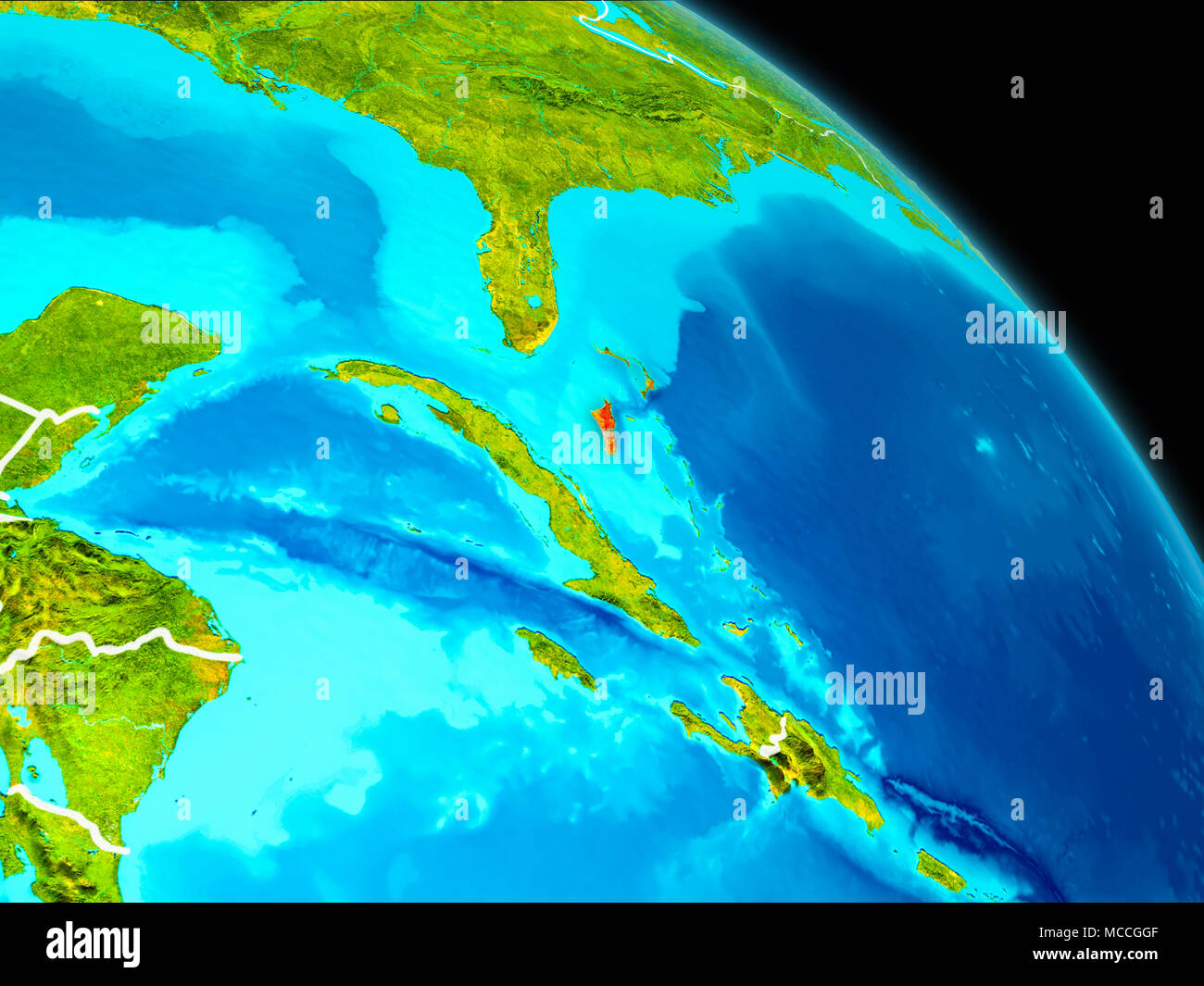 Space orbit view of Bahamas highlighted in red on planet Earth with ...