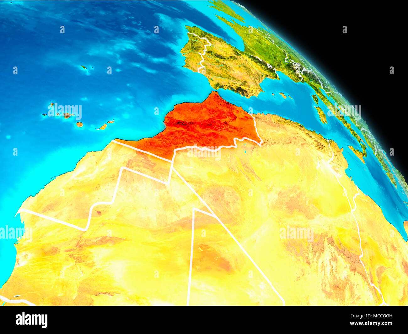 Space orbit view of Morocco highlighted in red on planet Earth with ...