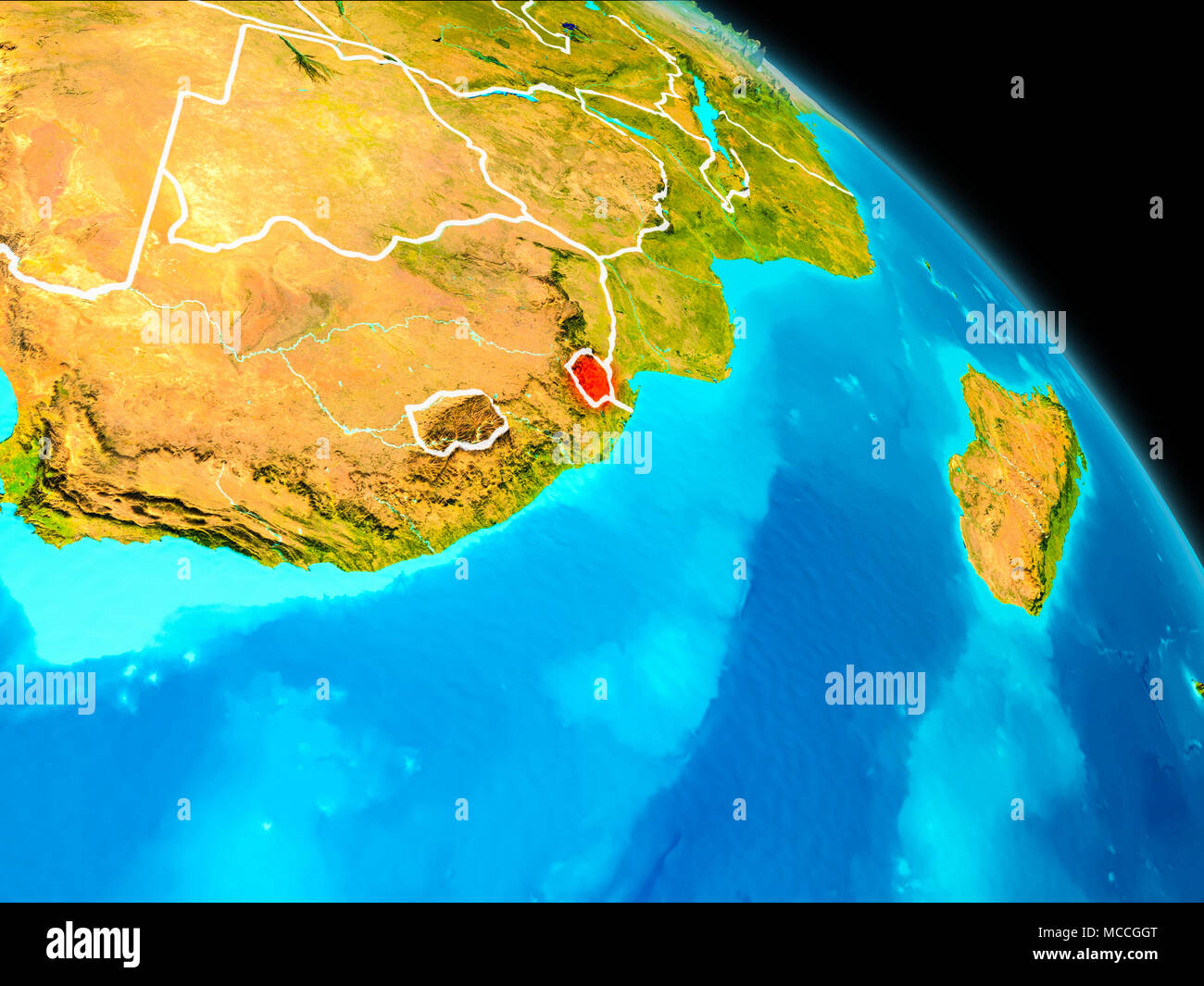 Space orbit view of Swaziland highlighted in red on planet Earth with visible borders. 3D ...