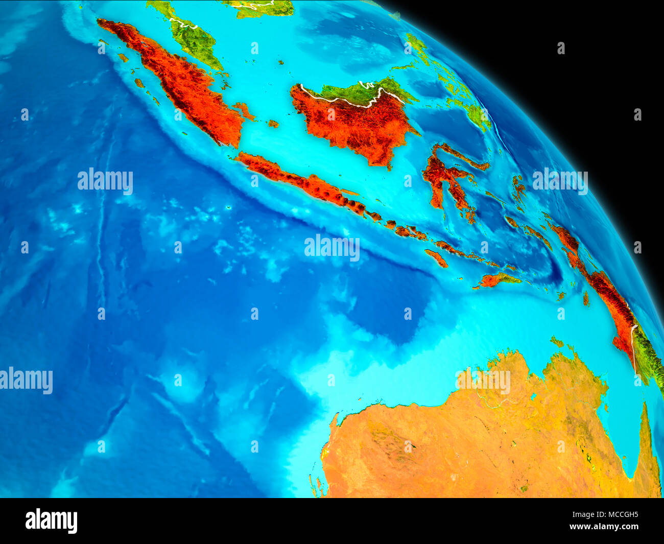 Space orbit view of Indonesia highlighted in red on planet Earth with ...