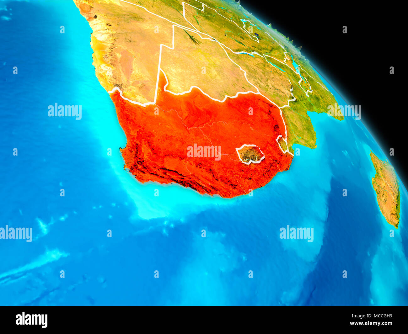 Space orbit view of South Africa highlighted in red on planet Earth with visible borders. 3D ...