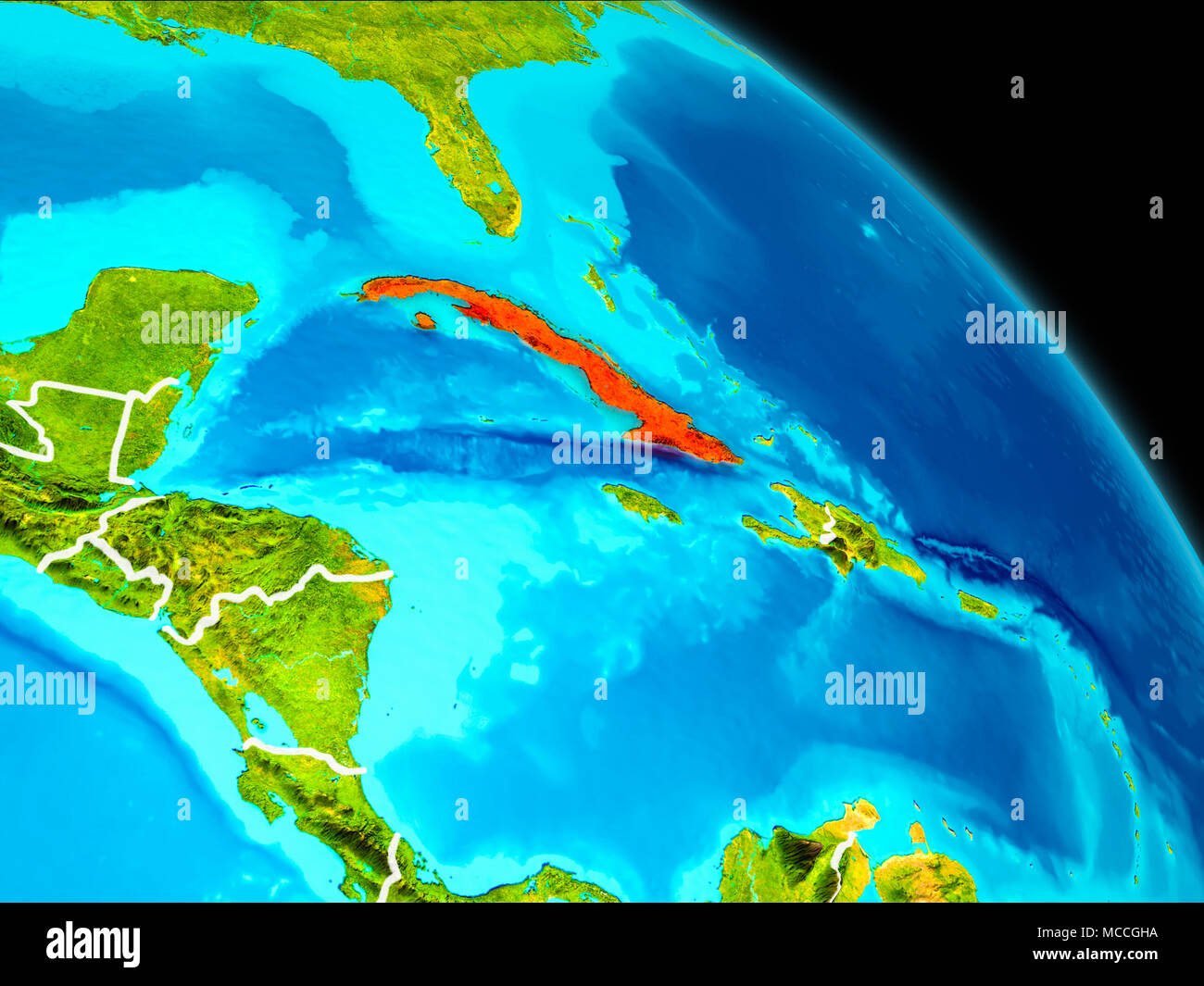 Space orbit view of Cuba highlighted in red on planet Earth with ...