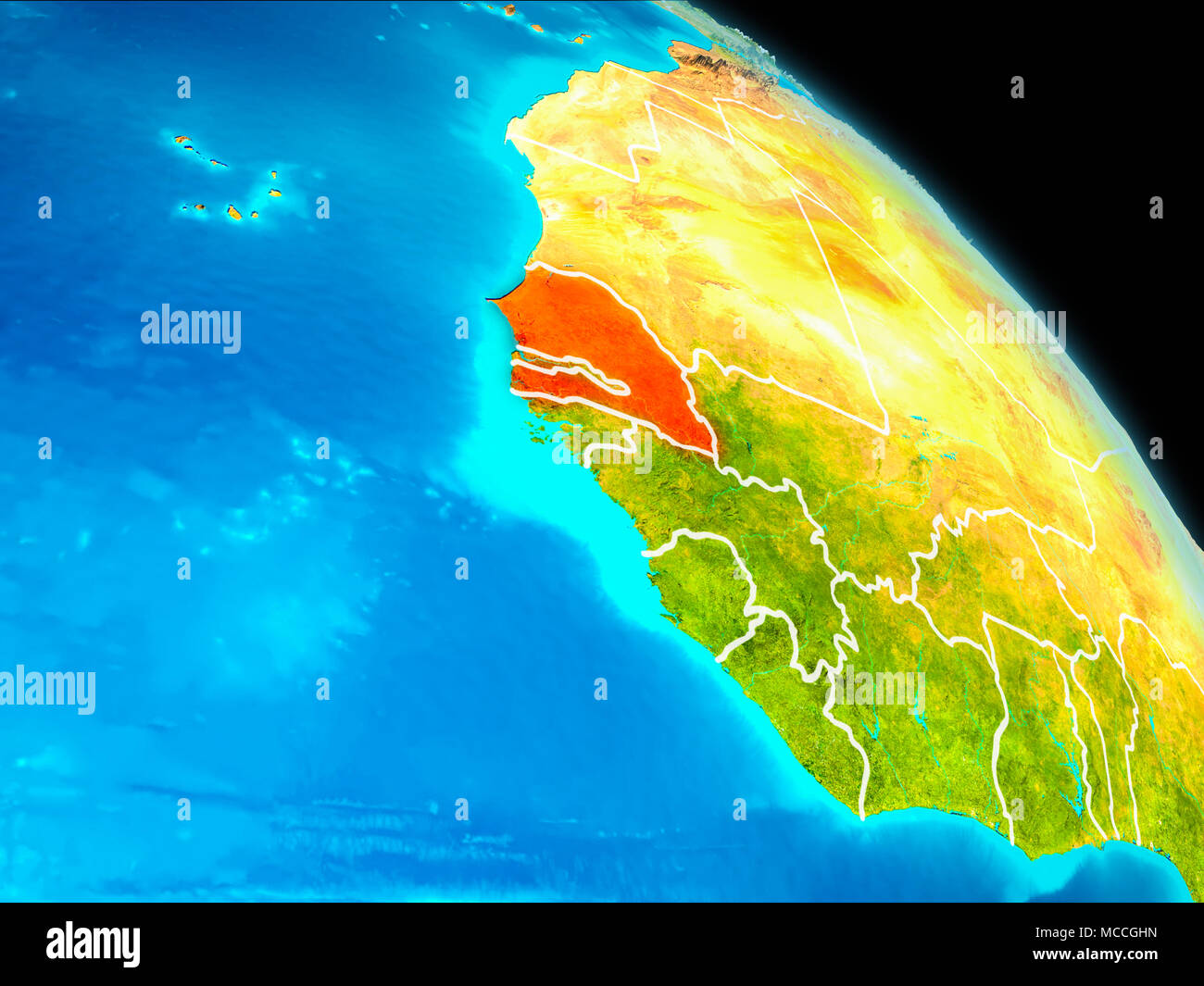 Space orbit view of Senegal highlighted in red on planet Earth with ...
