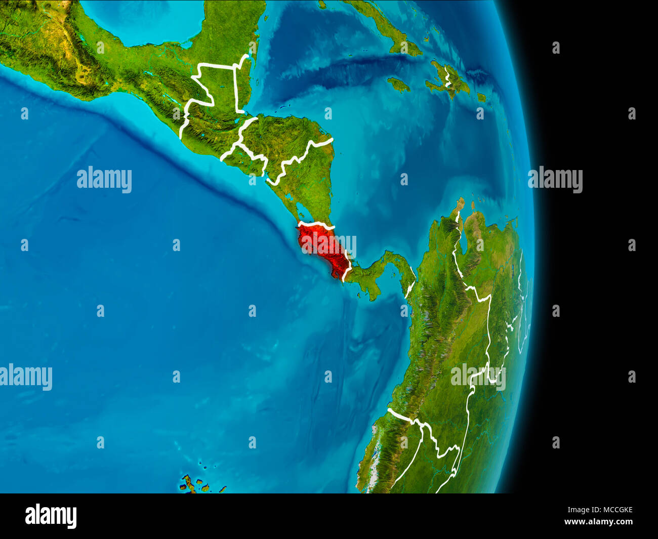Costa Rica in red on planet Earth with visible borderlines. 3D ...