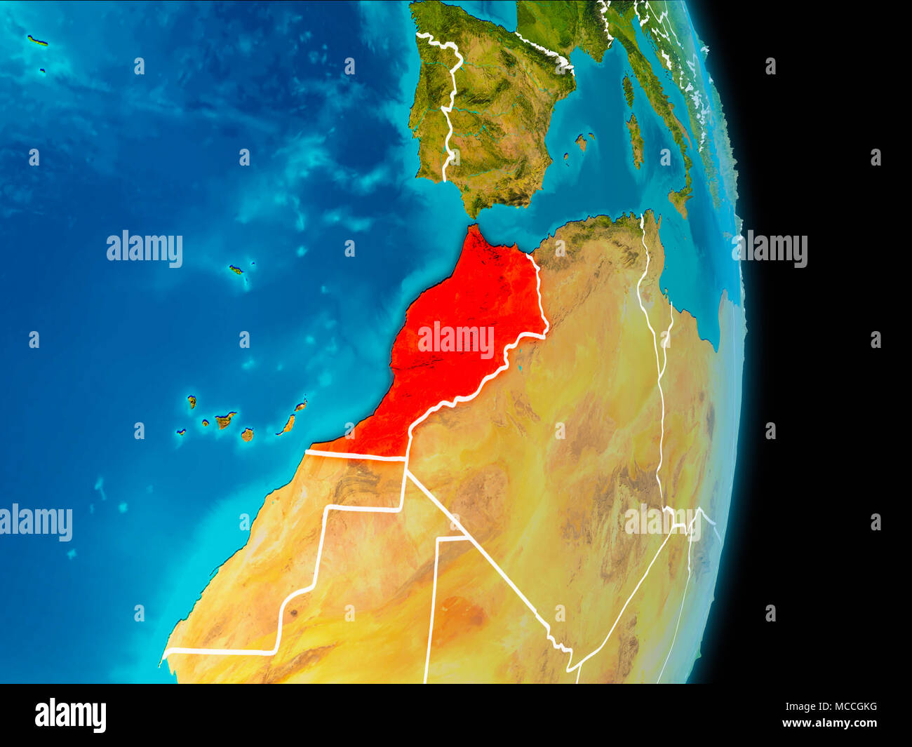 Morocco in red on planet Earth with visible borderlines. 3D ...