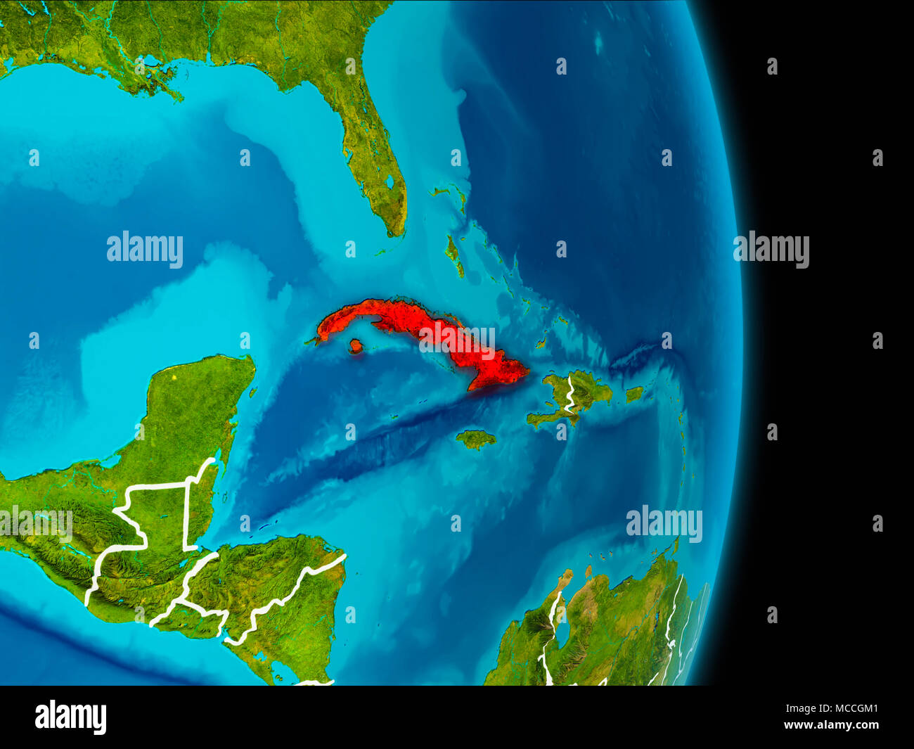 Cuba in red on planet Earth with visible borderlines. 3D illustration ...