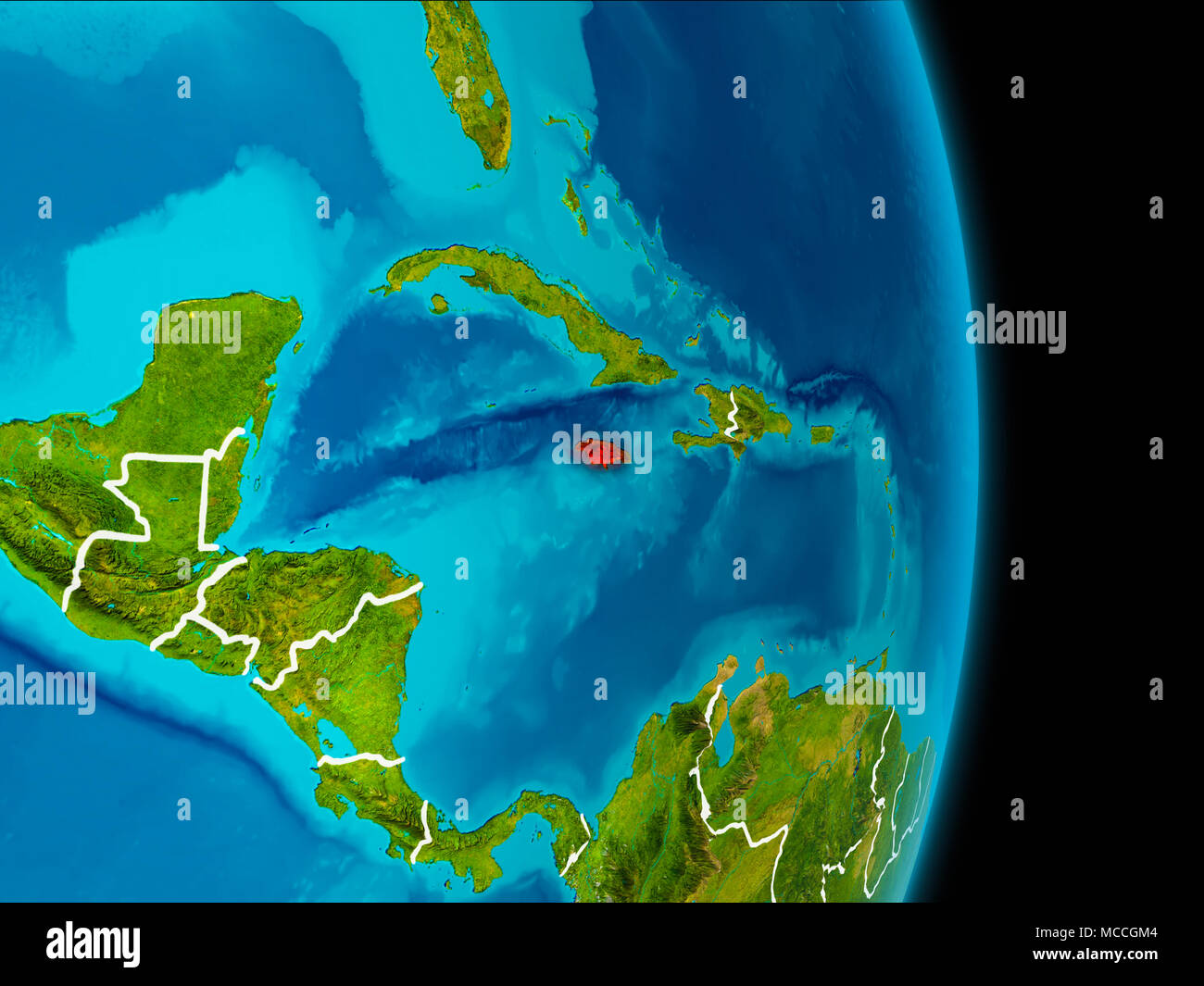 Jamaica in red on planet Earth with visible borderlines. 3D ...