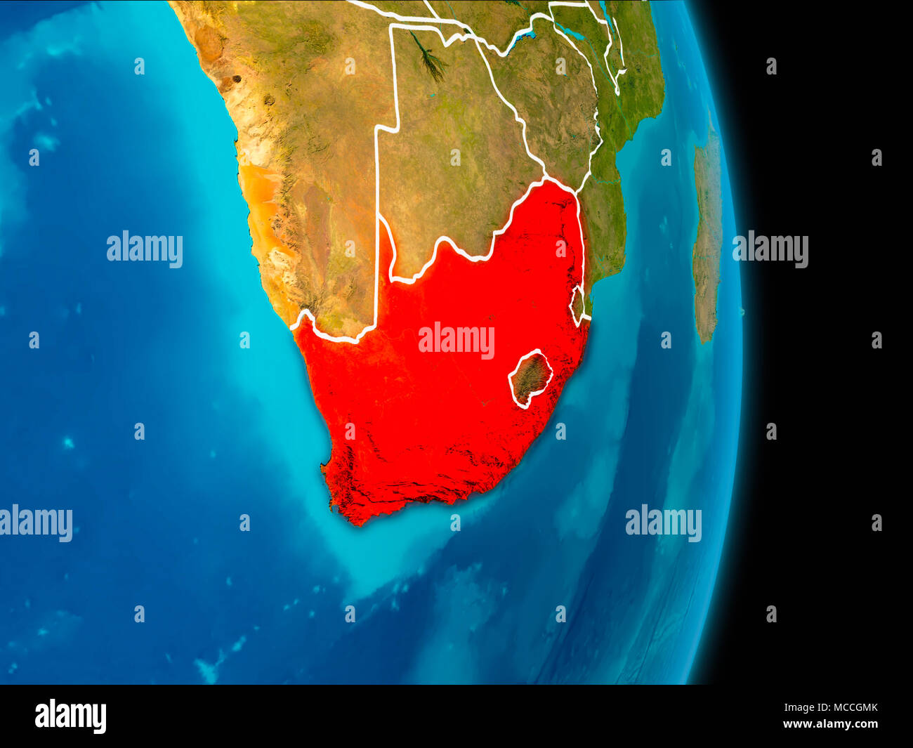 South Africa in red on planet Earth with visible borderlines. 3D ...
