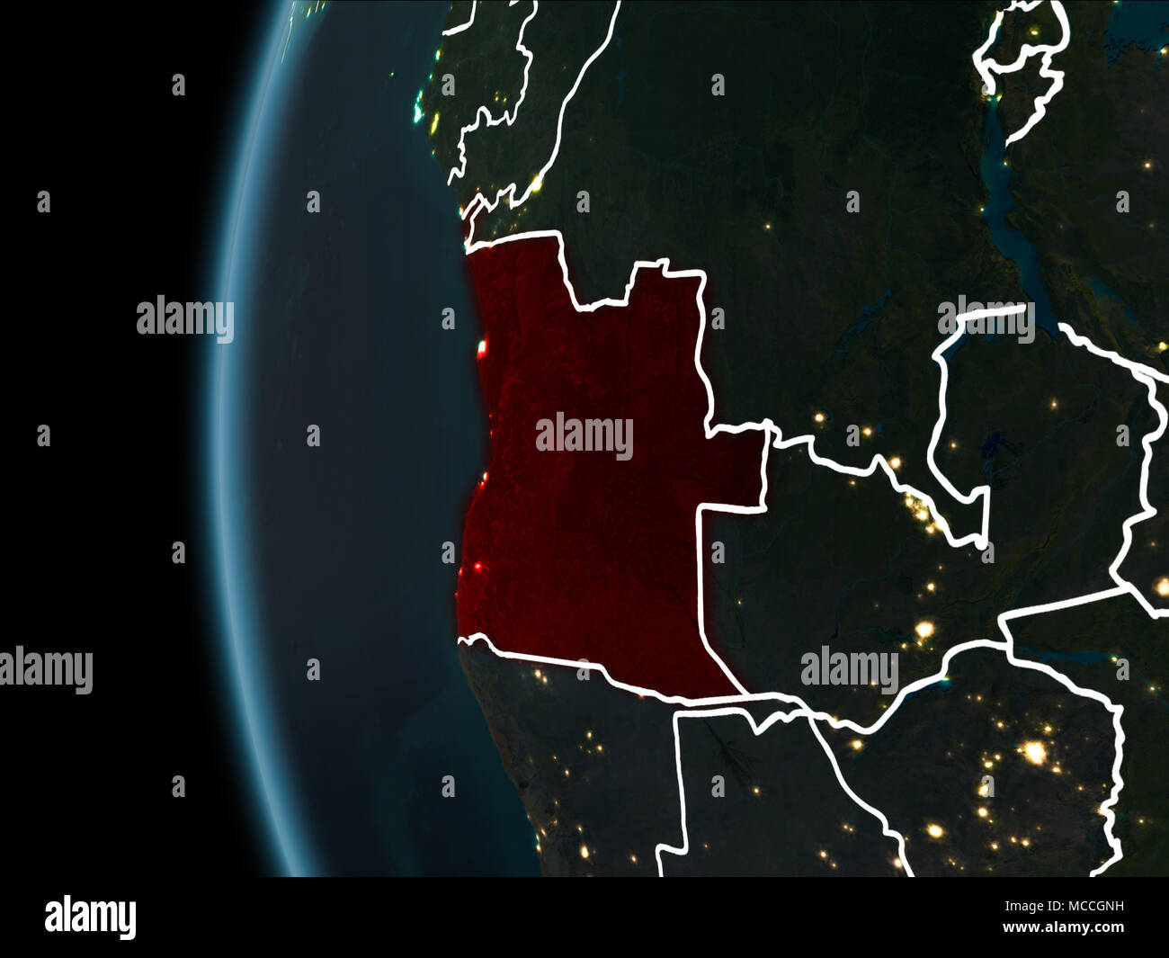 Orbit view of Angola highlighted in red with visible borderlines and city lights on planet Earth ...