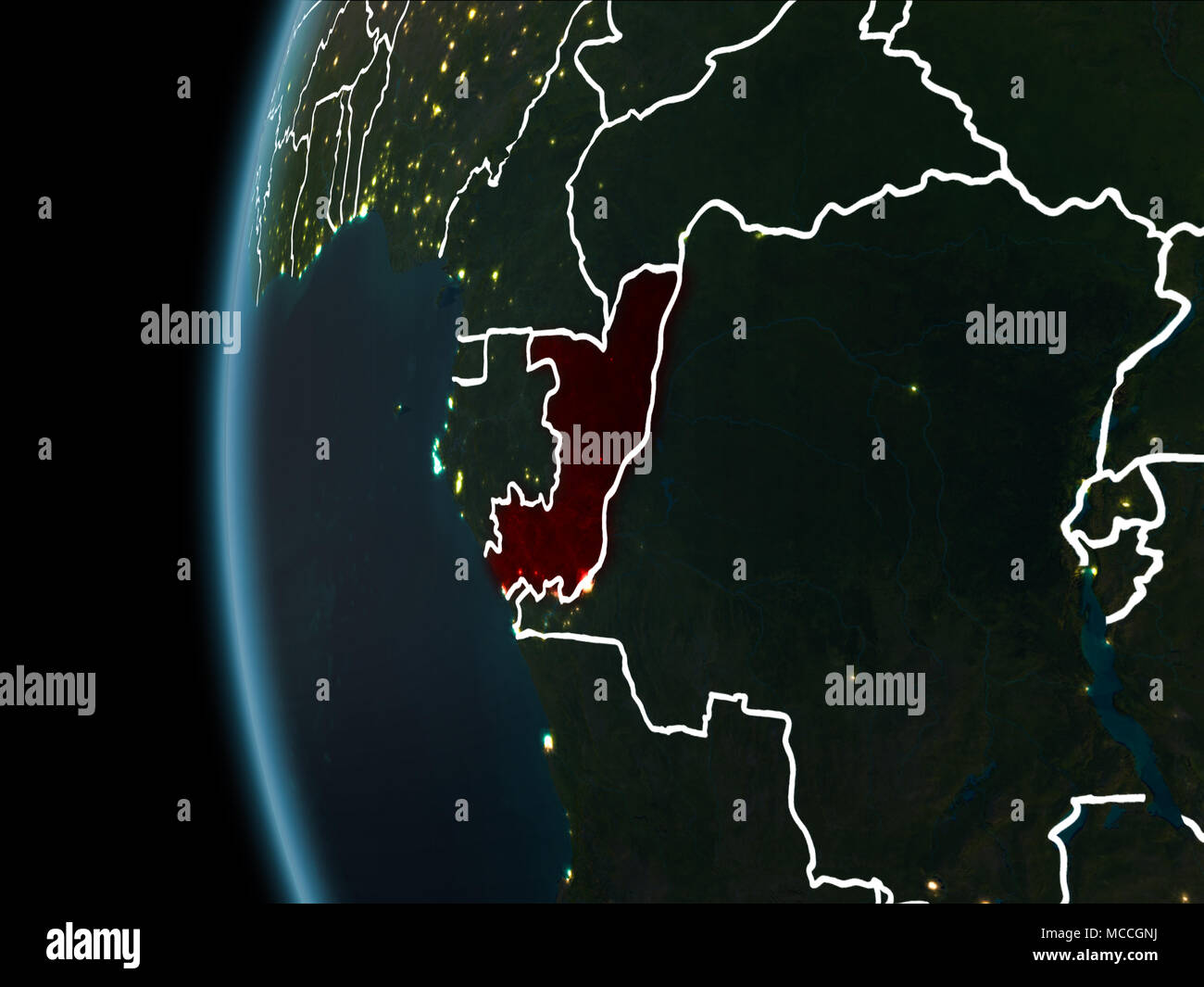 Orbit view of Congo highlighted in red with visible borderlines and city lights on planet Earth ...