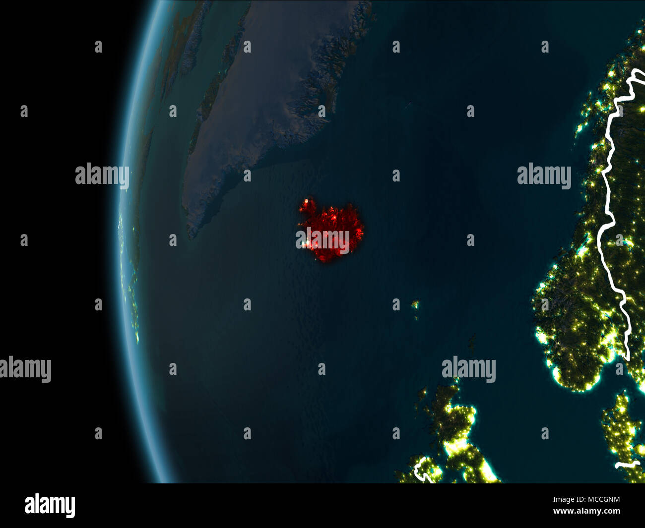 Orbit view of Iceland highlighted in red with visible borderlines and city lights on planet ...