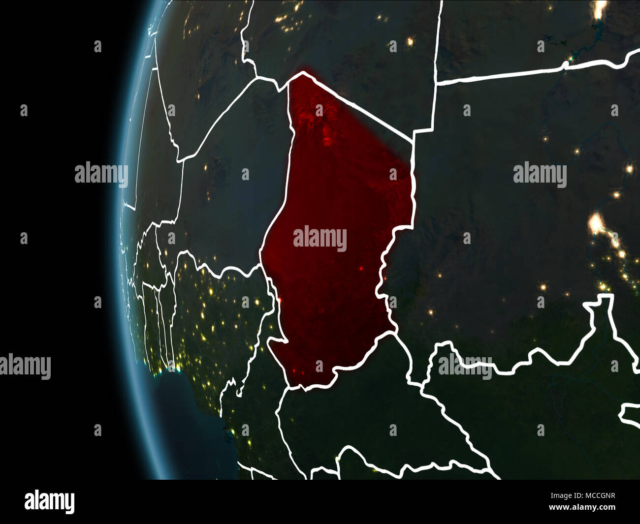 Orbit view of Chad highlighted in red with visible borderlines and city lights on planet Earth ...