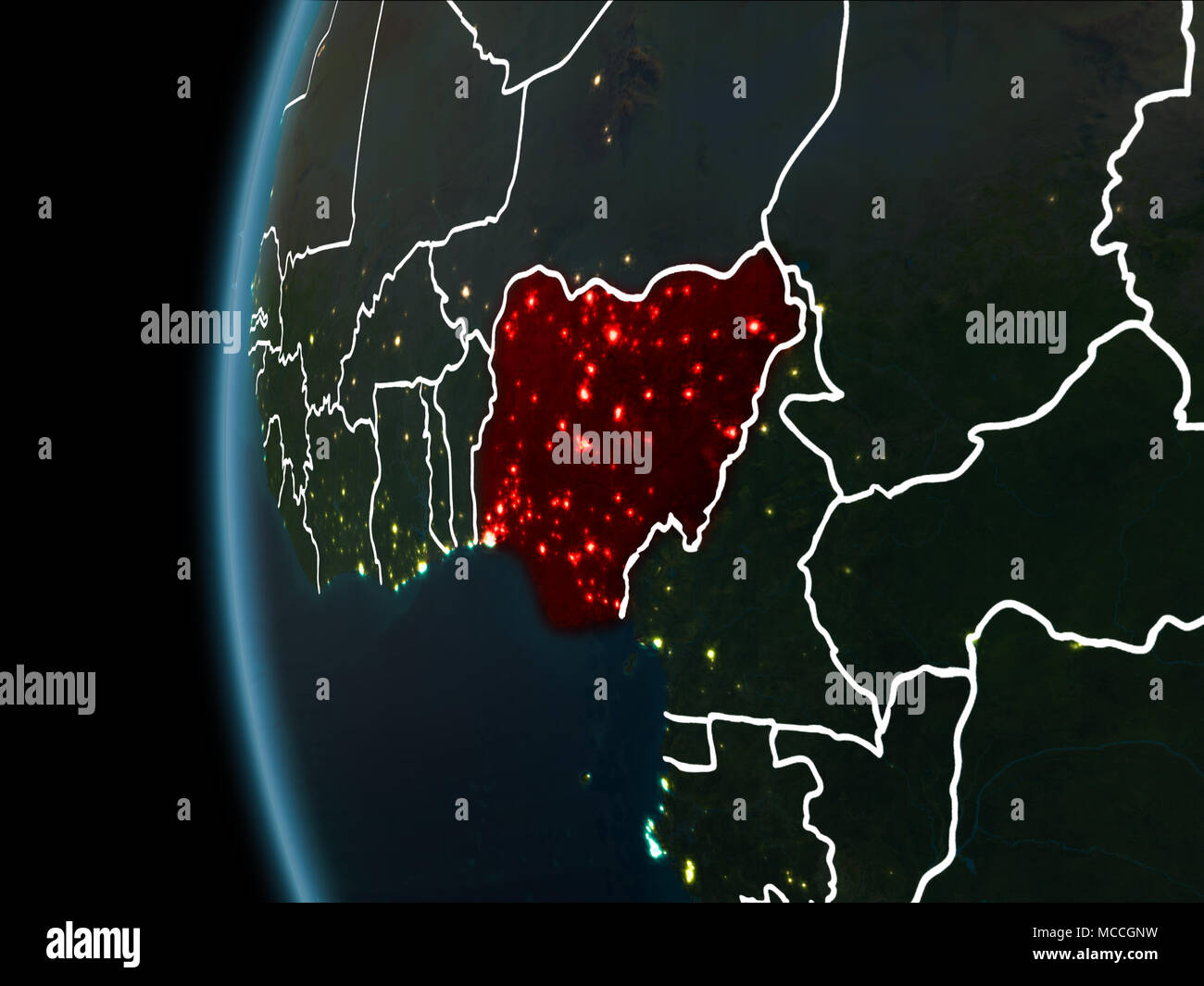Orbit view of Nigeria highlighted in red with visible borderlines and city lights on planet ...