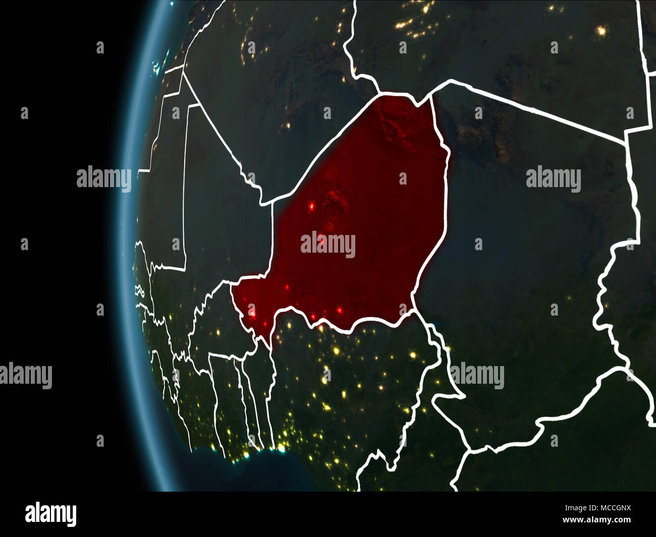 Orbit view of Niger highlighted in red with visible borderlines and ...