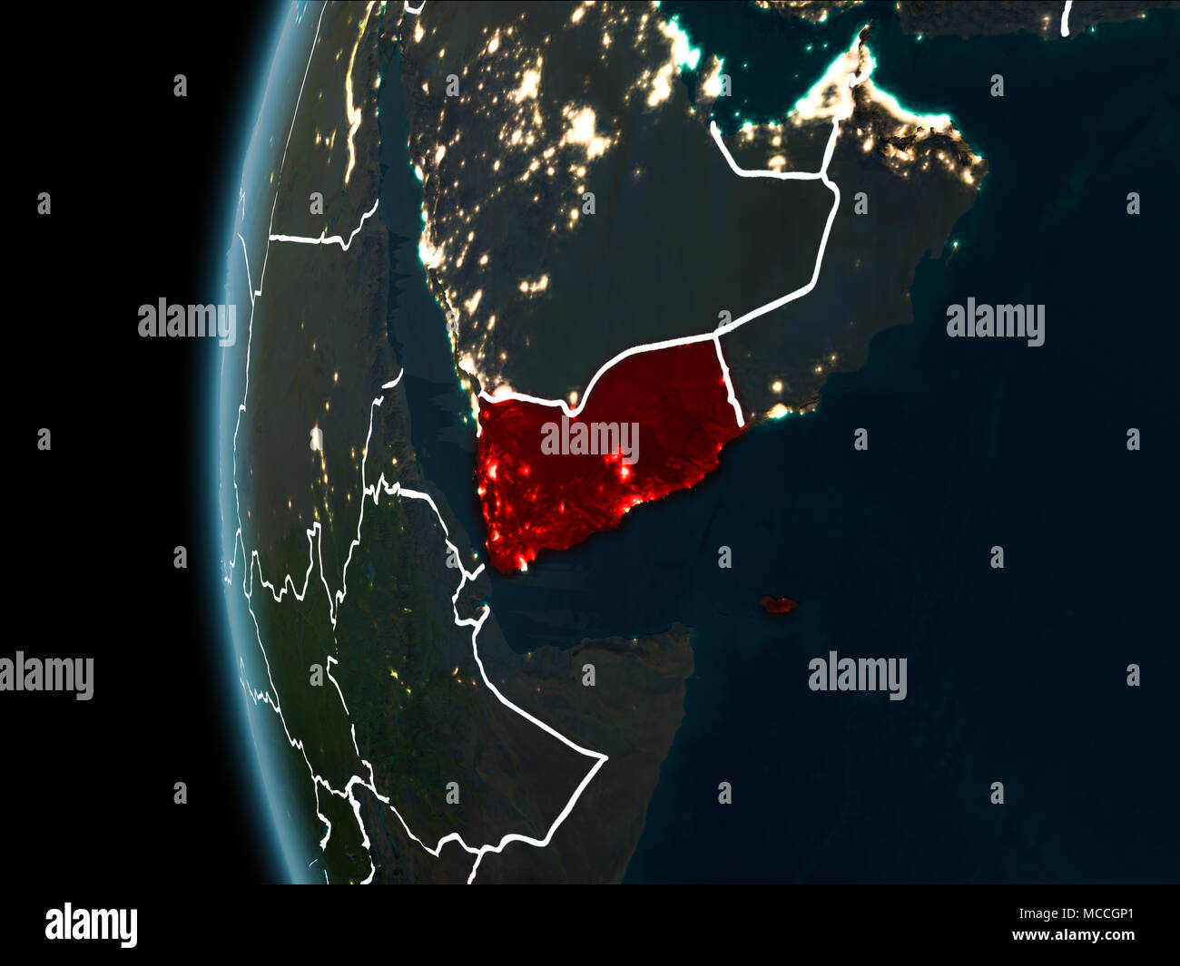 Orbit view of Yemen highlighted in red with visible borderlines and city lights on planet Earth ...