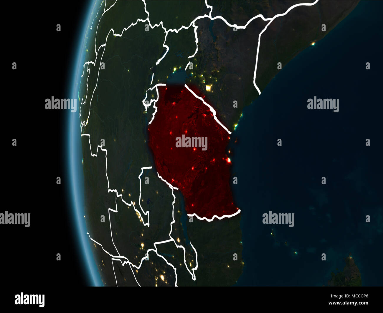 Orbit view of Tanzania highlighted in red with visible borderlines and city lights on planet ...