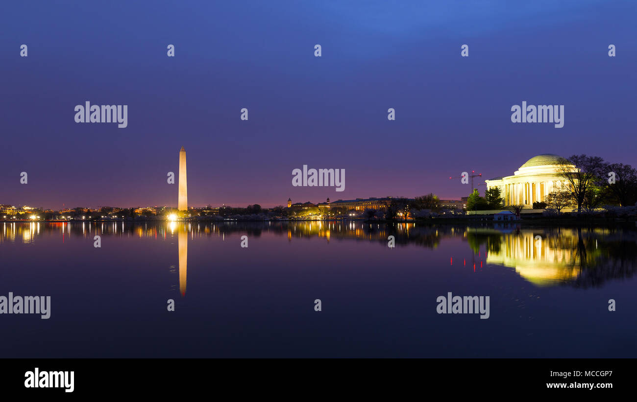Washington DC panorama around Tidal Basin at sunrise during cherry ...
