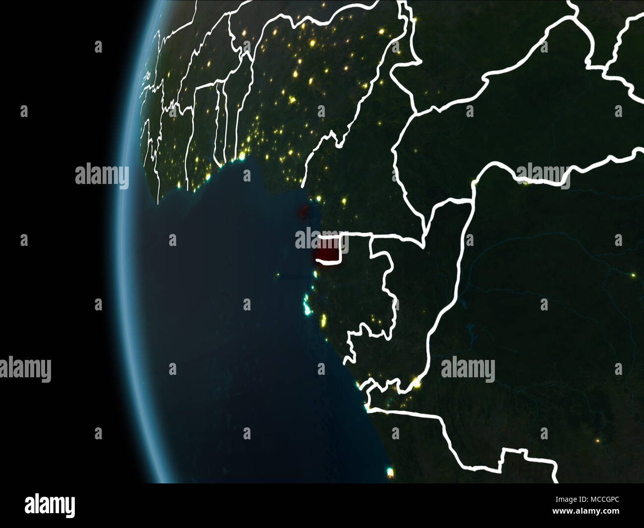 Orbit view of Equatorial Guinea highlighted in red with visible borderlines and city lights on ...