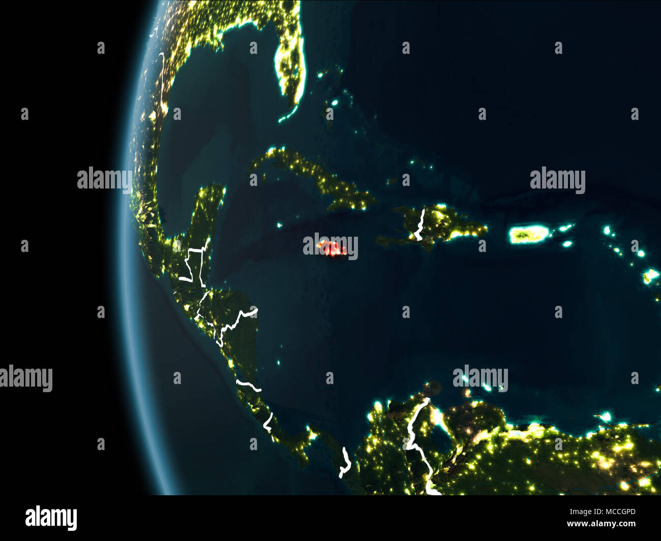 Orbit view of Jamaica highlighted in red with visible borderlines and ...