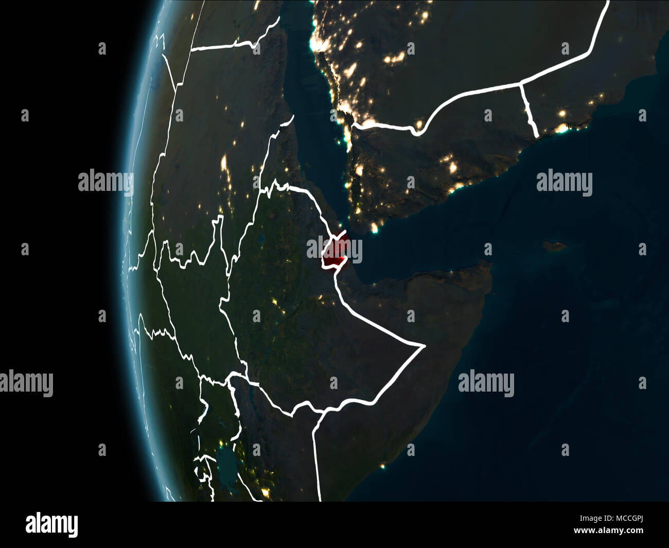 Orbit view of Djibouti highlighted in red with visible borderlines and city lights on planet ...