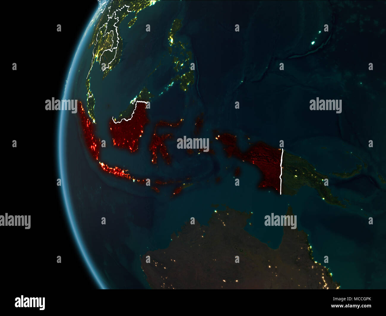 Orbit view of Indonesia highlighted in red with visible borderlines and city lights on planet ...