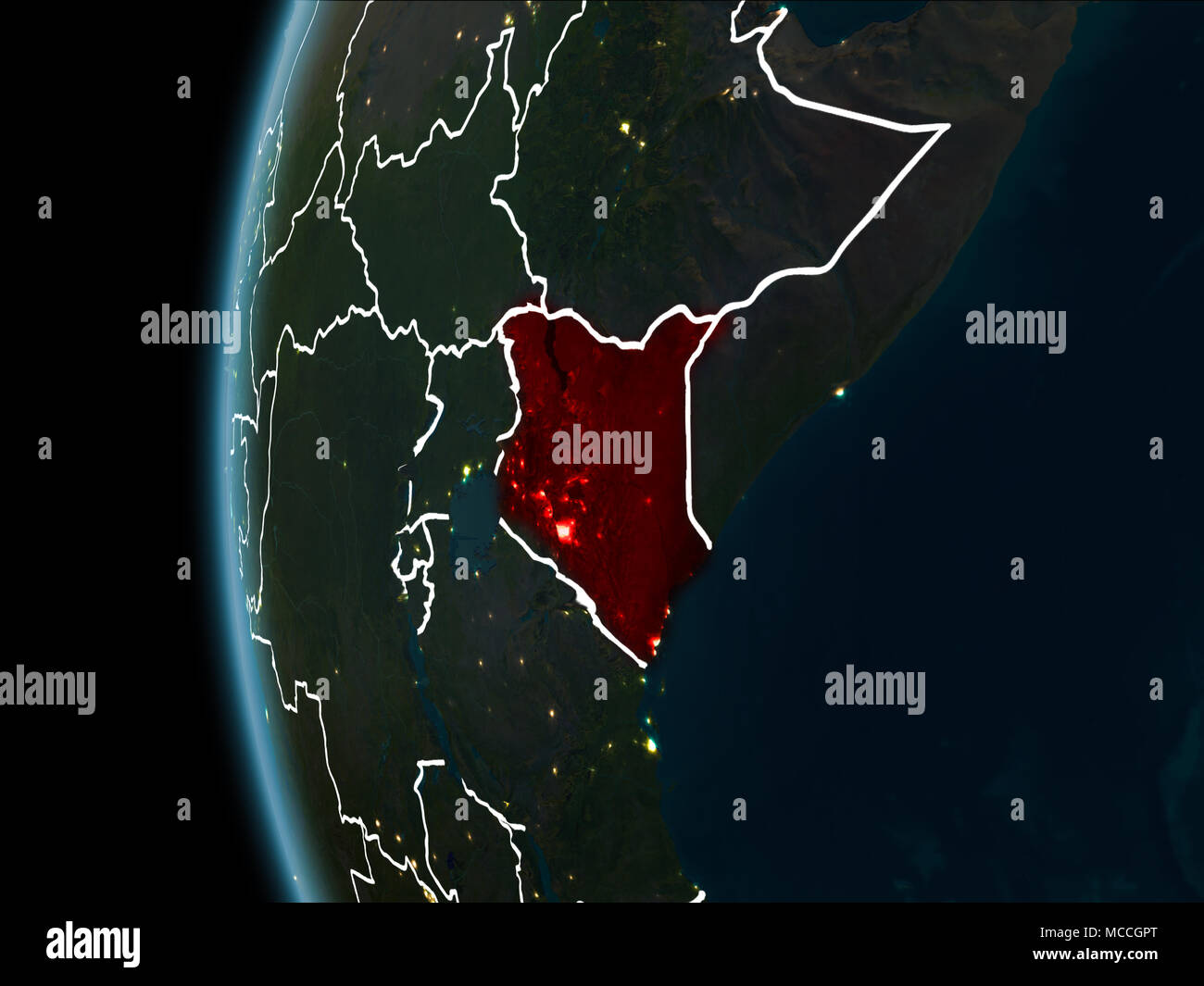 Orbit view of Kenya highlighted in red with visible borderlines and city lights on planet Earth ...