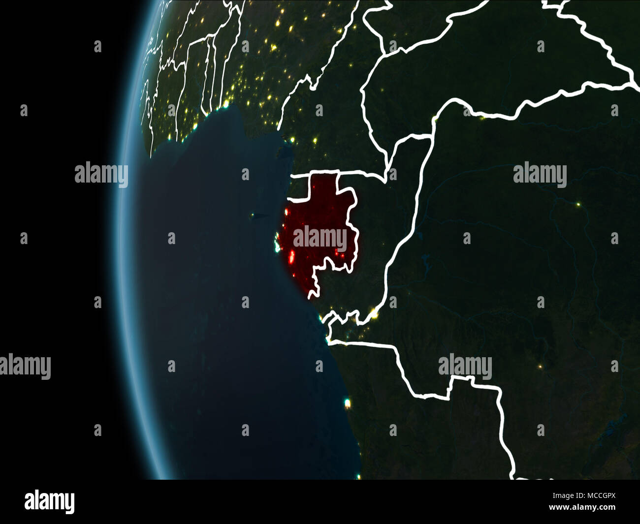 Orbit view of Gabon highlighted in red with visible borderlines and ...