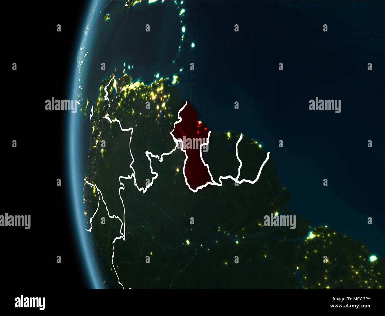 Orbit view of Guyana highlighted in red with visible borderlines and ...