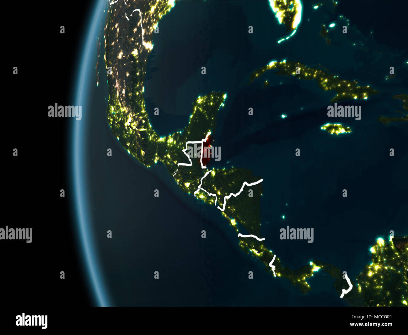 Orbit view of Belize highlighted in red with visible borderlines and city lights on planet Earth ...