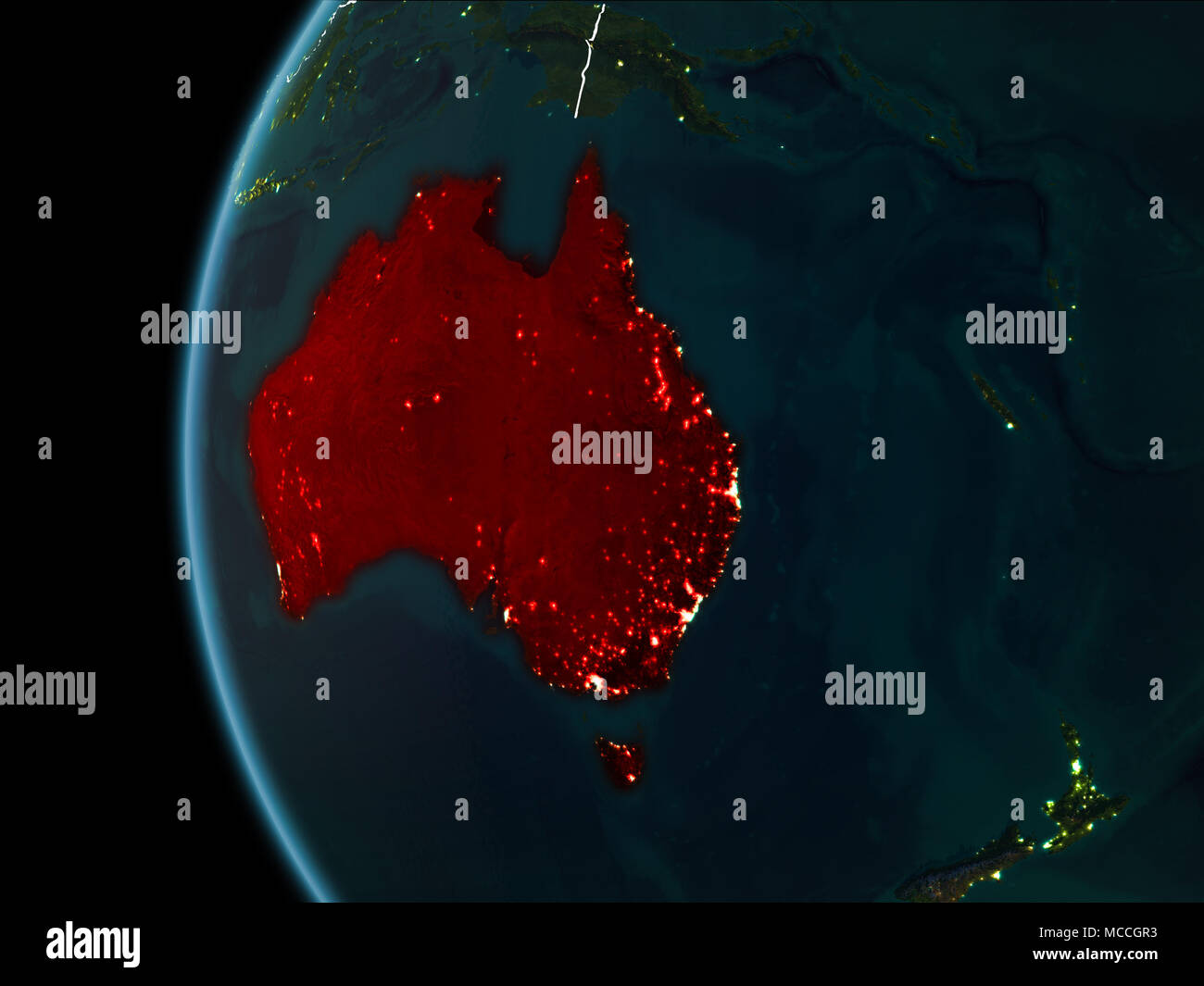 Orbit view of Australia highlighted in red with visible borderlines and ...