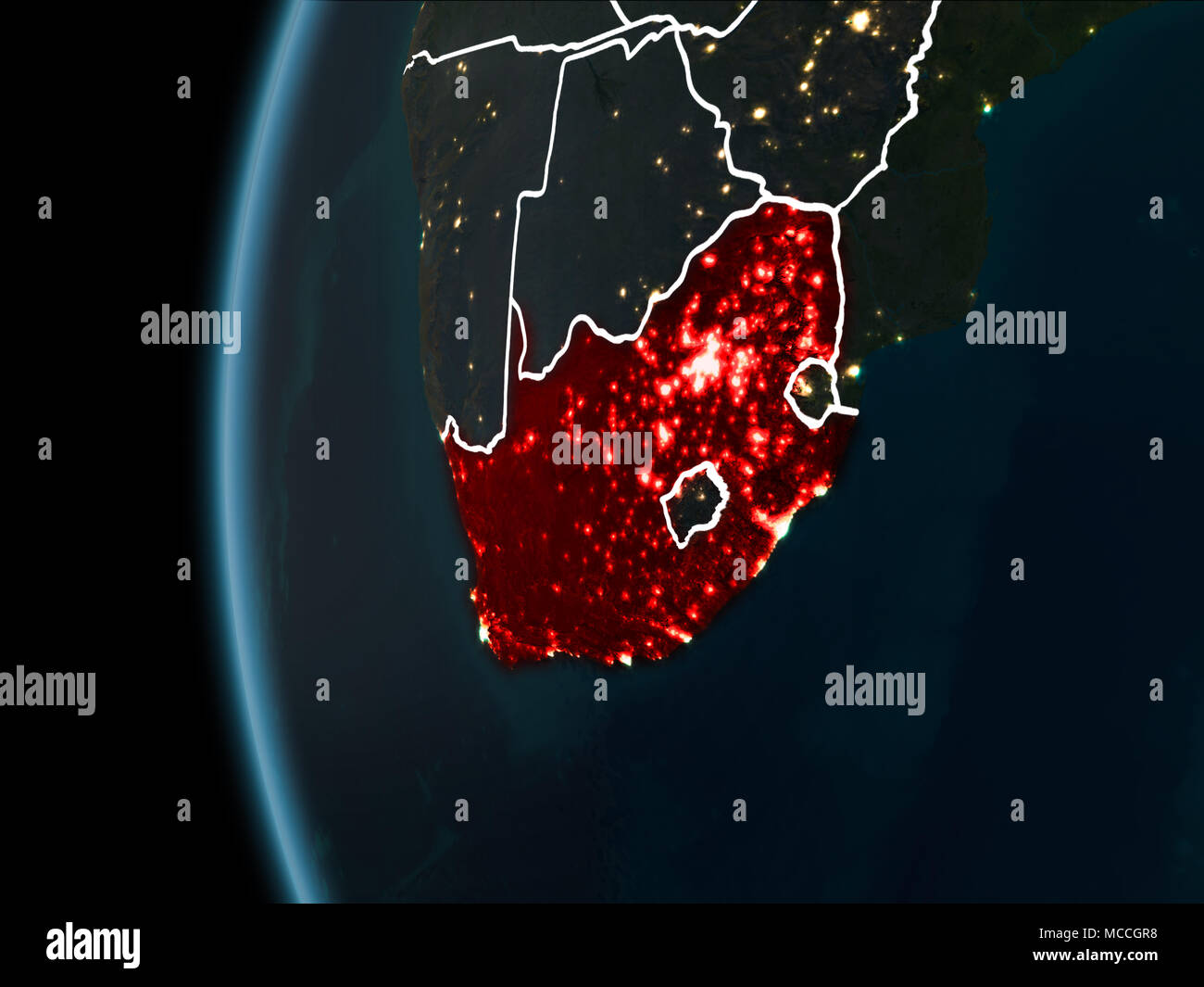 Orbit view of South Africa highlighted in red with visible borderlines and city lights on planet ...