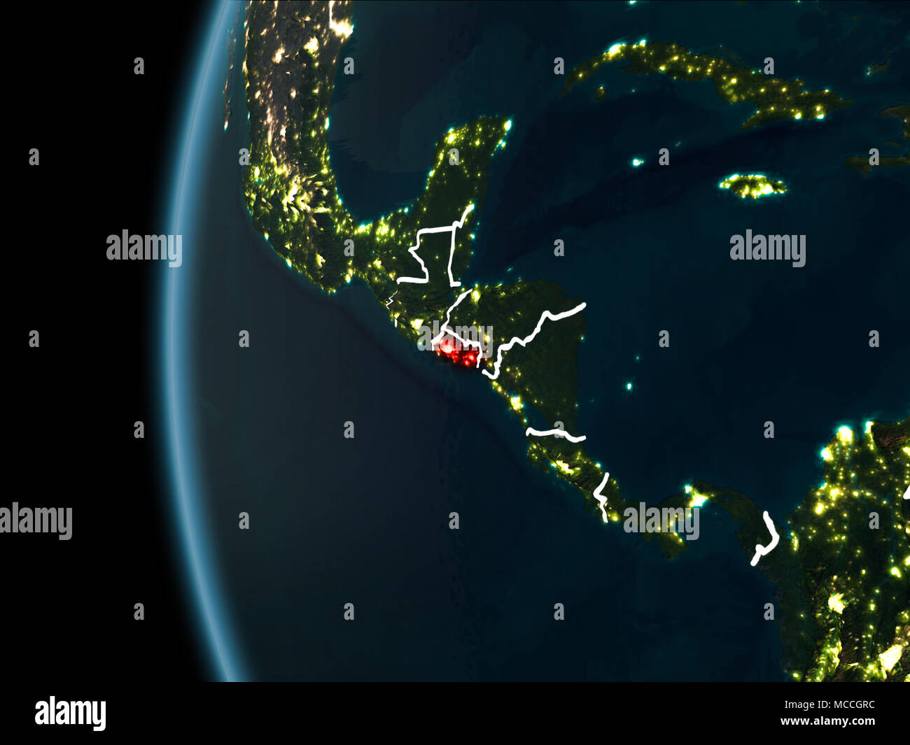 Orbit view of El Salvador highlighted in red with visible borderlines and city lights on planet ...
