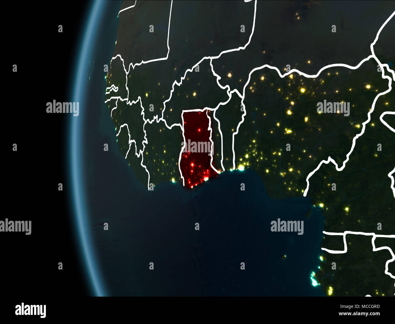 Orbit view of Ghana highlighted in red with visible borderlines and city lights on planet Earth ...