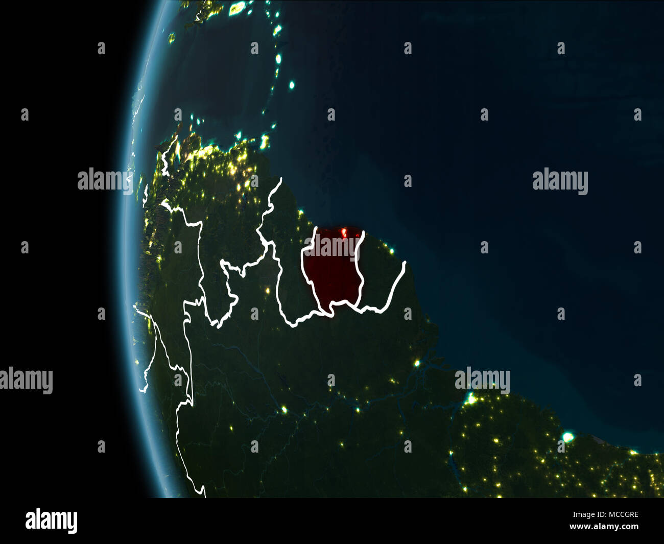 Orbit view of Suriname highlighted in red with visible borderlines and city lights on planet ...