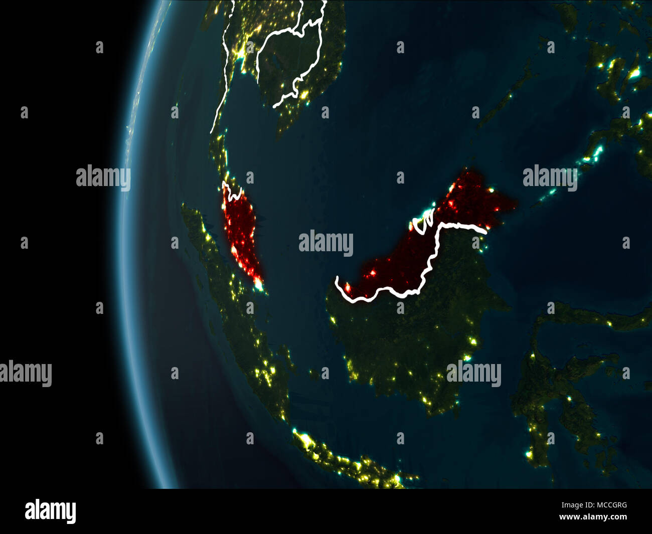 Orbit view of Malaysia highlighted in red with visible borderlines and city lights on planet ...