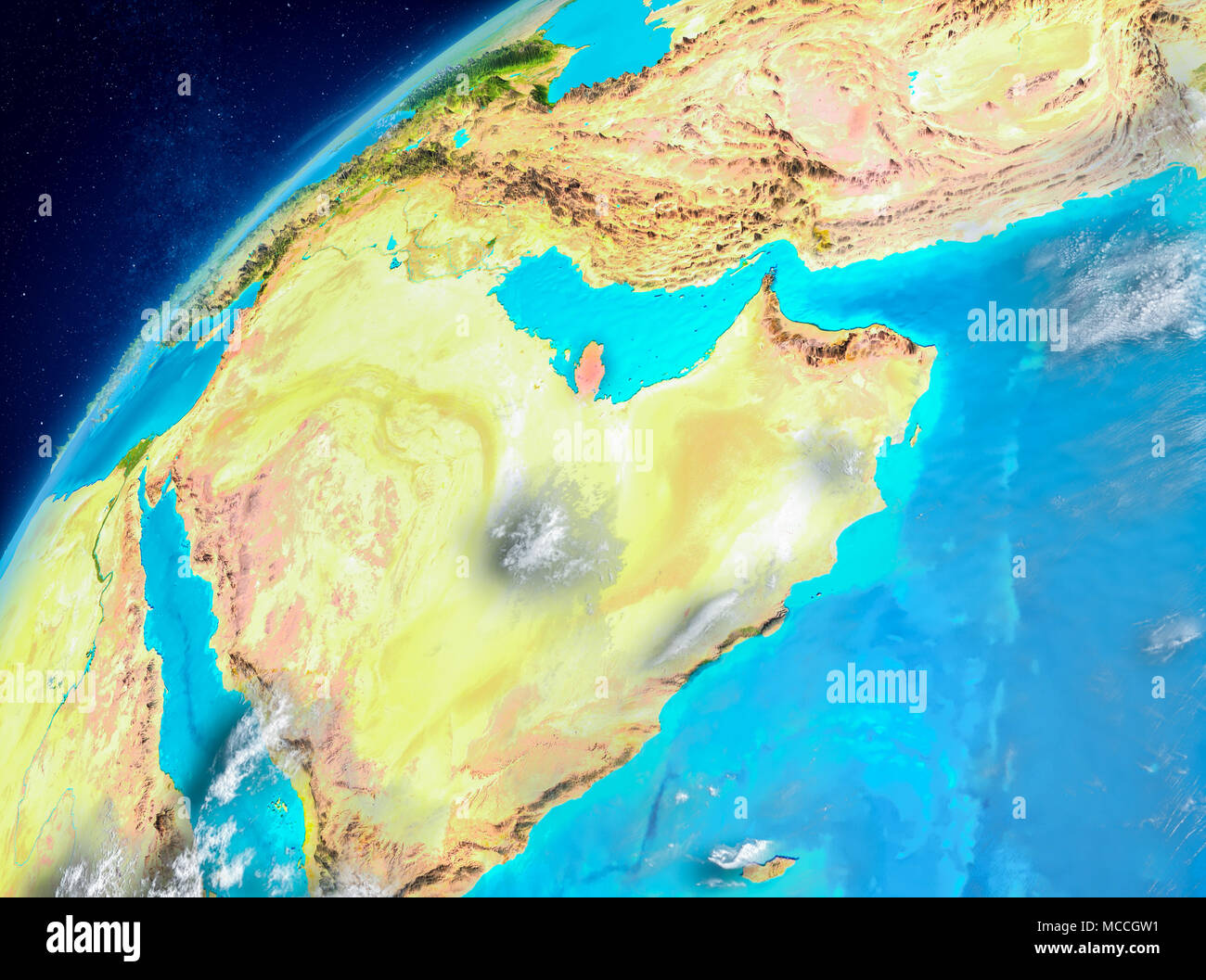 Country of Qatar in red on planet Earth with atmosphere. 3D ...