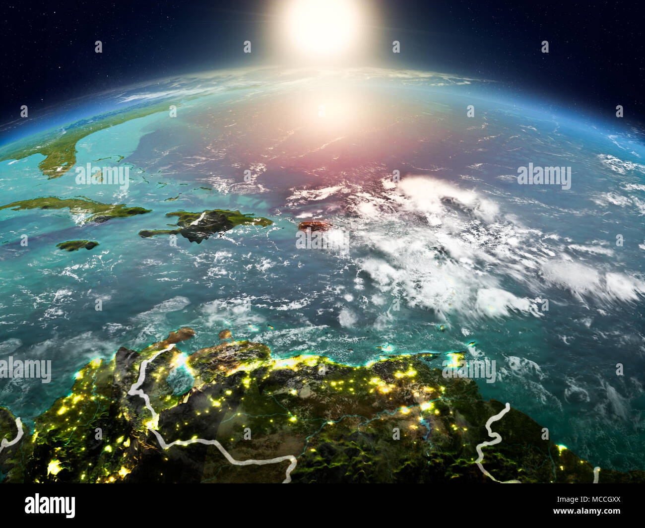 Sunrise above Puerto Rico highlighted in red on model of planet Earth in space with visible ...