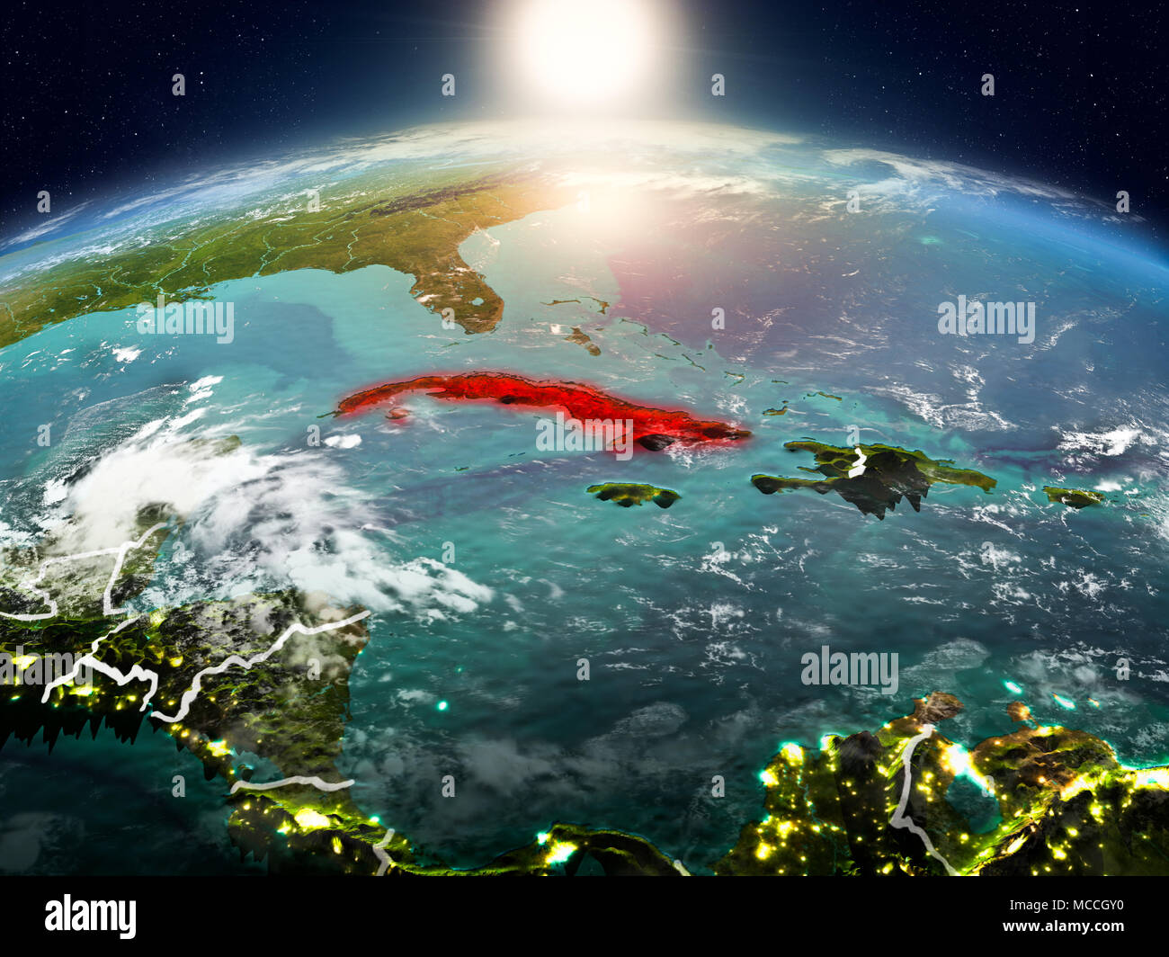 Sunrise above Cuba highlighted in red on model of planet Earth in space ...