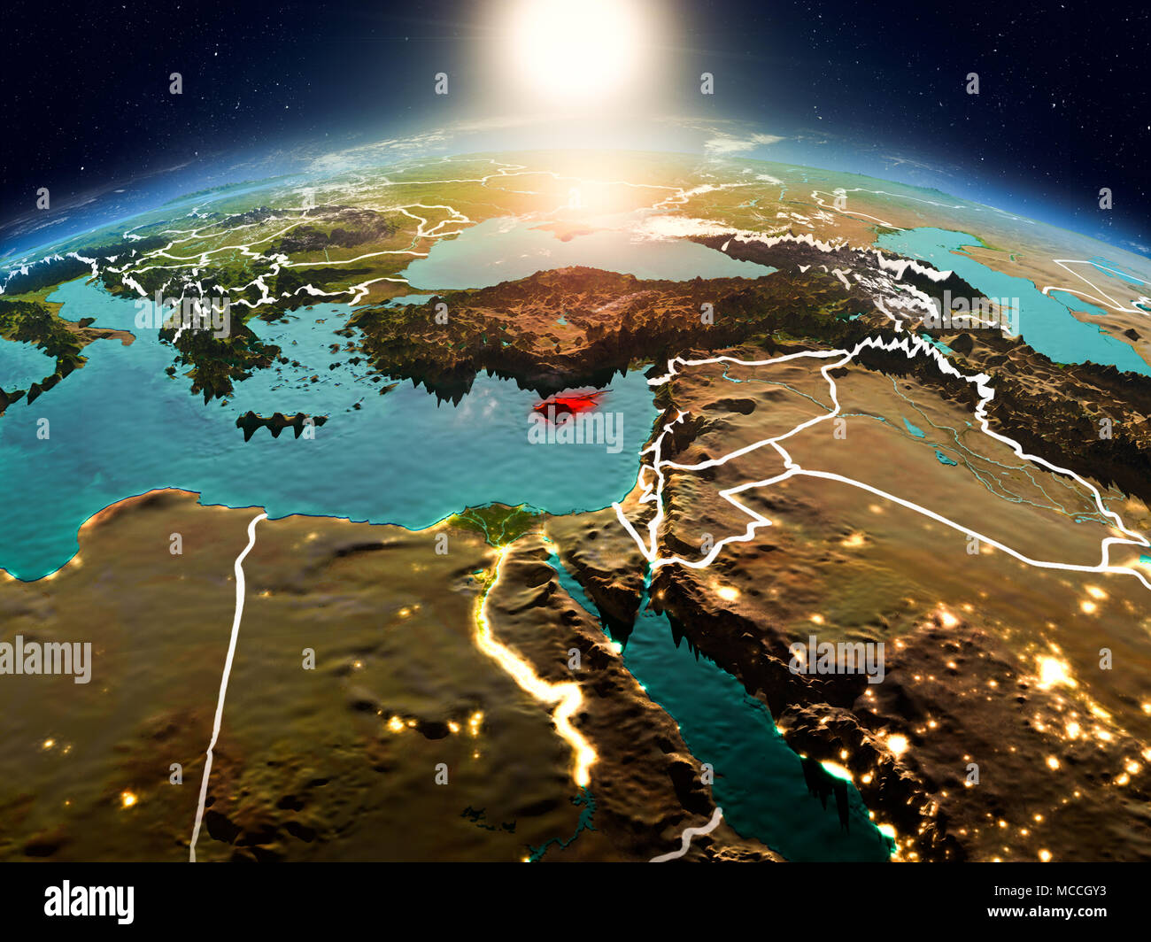 Sunrise above Cyprus highlighted in red on model of planet Earth in ...
